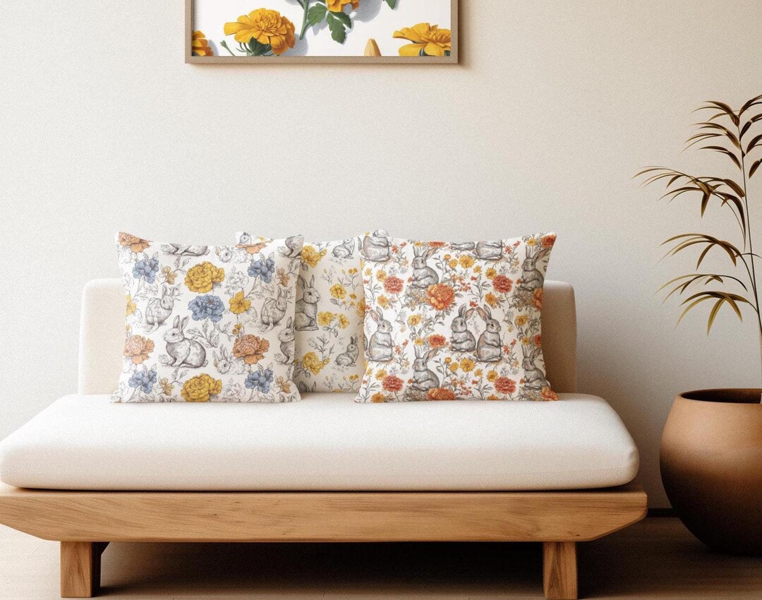Bunny Rabbit Marigold Flower Pillow: Spring Accent Decor - Etsy