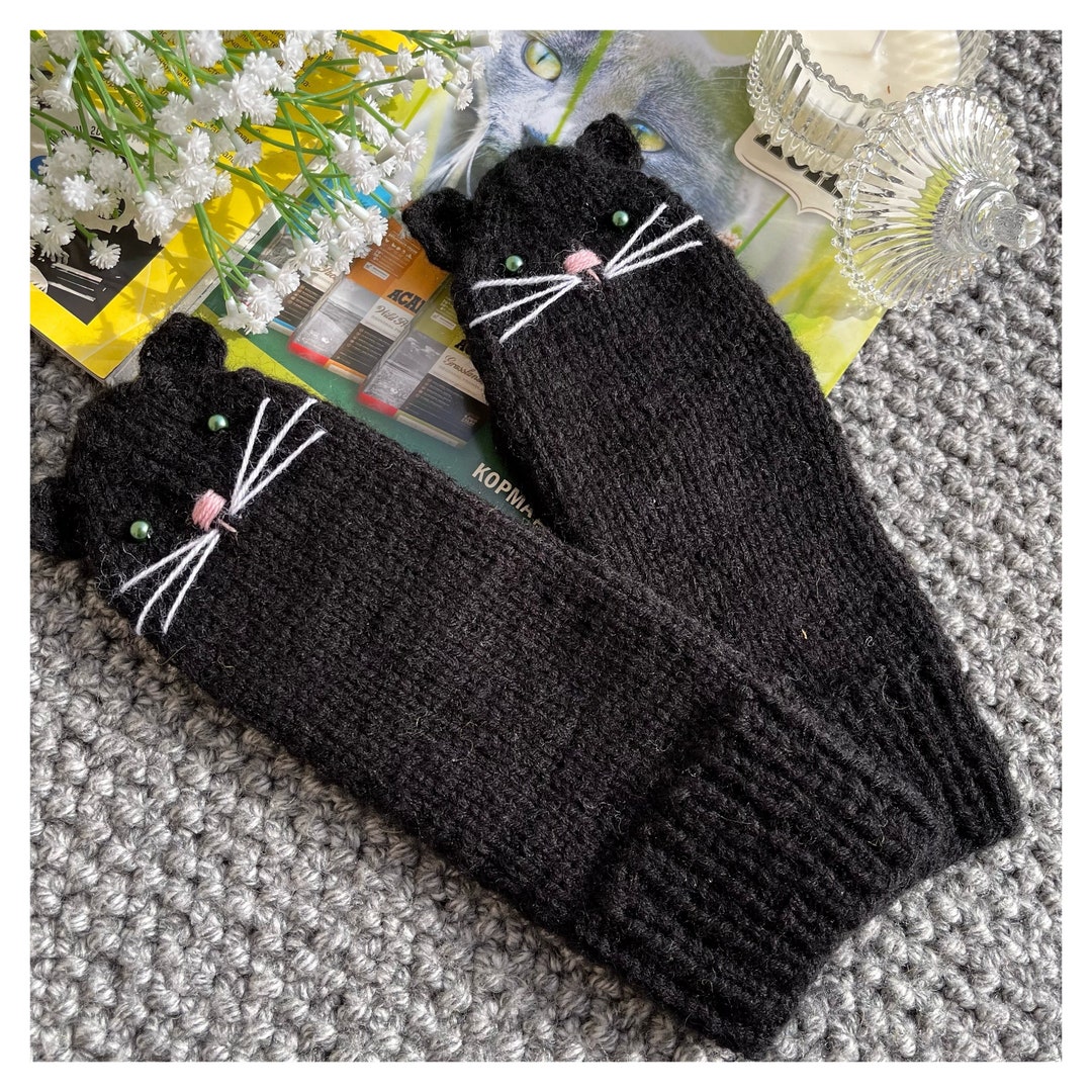 Knitted and Embroidered Black Cats Mittens - Etsy