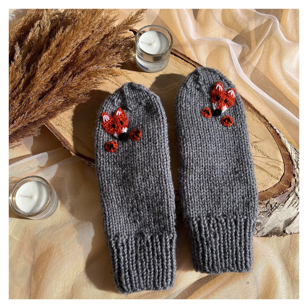 Knitted Mittens With Fox Appliqué - Etsy