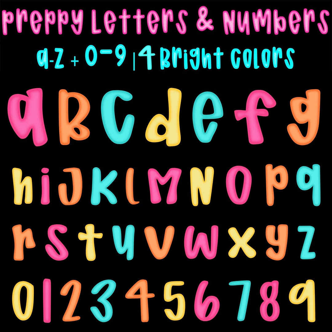 Preppy Doodle Alphabet PNG Bundle: Colorful Letters & Numbers ...