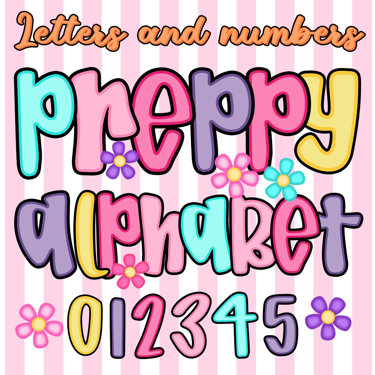 Preppy Alphabet PNG Bundle, Colorful Letters and Numbers Font (digital ...