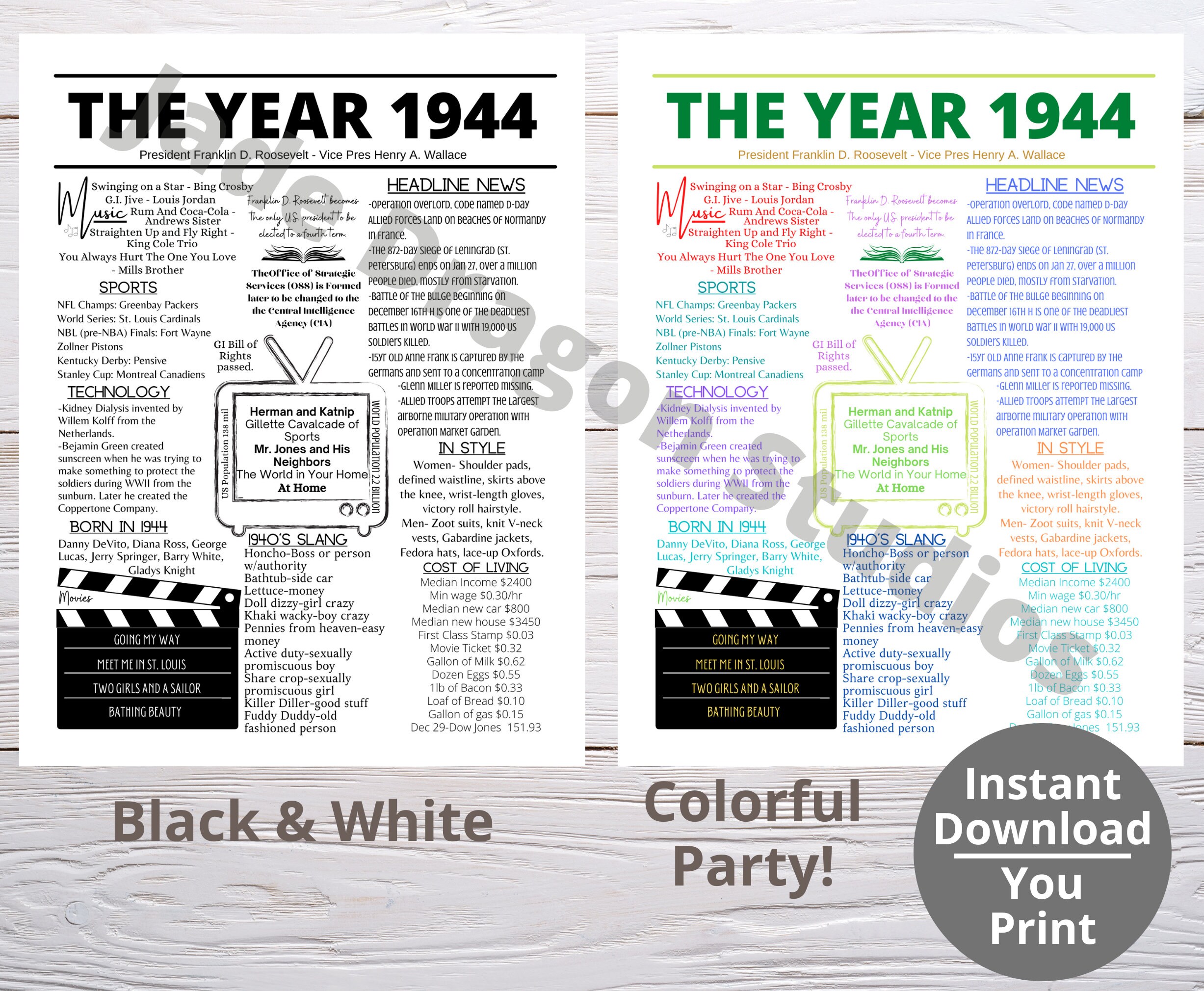 THE YEAR 1944 PRINTABLE 4set/year You Were Born/ Remember the Year When ...