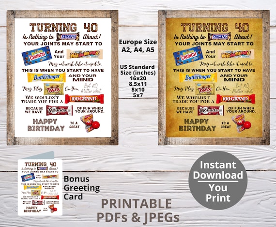 Turning 40 PRINTABLE Candy Poster 40th Birthday Candy Sign - Etsy