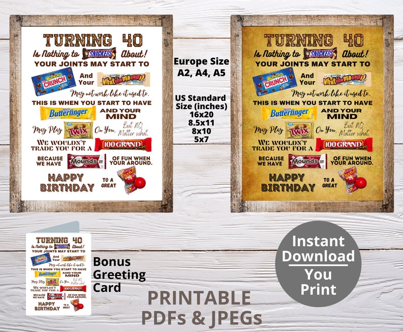 Turning 40 PRINTABLE Candy Poster 40th Birthday Candy Sign - Etsy
