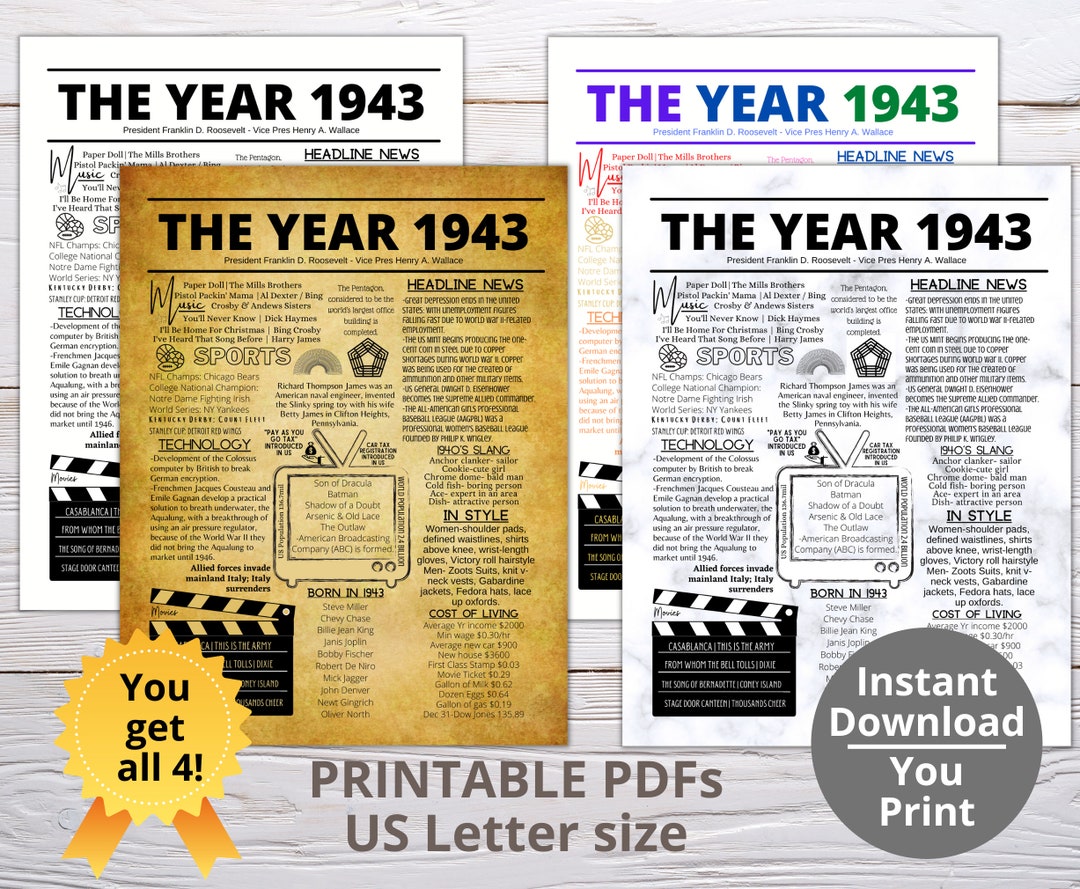 THE YEAR 1943 PRINTABLE 4set/year You Were Born/ Remember the Year When ...