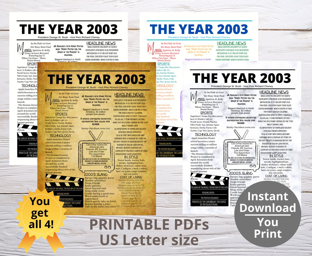THE YEAR 2003 PRINTABLE 4set/year You Were Born/ Remember the Year When ...