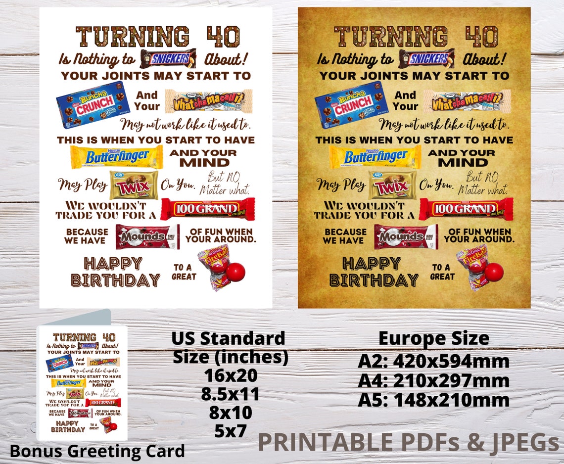 Turning 40 PRINTABLE Candy Poster 40th Birthday Candy Sign - Etsy