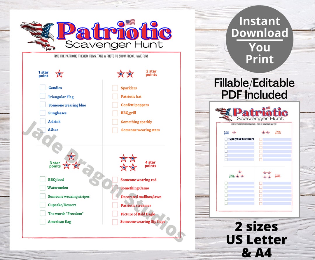 Patriotic Scavenger Hunt 11, Printable Holiday Games for Kids Teens ...