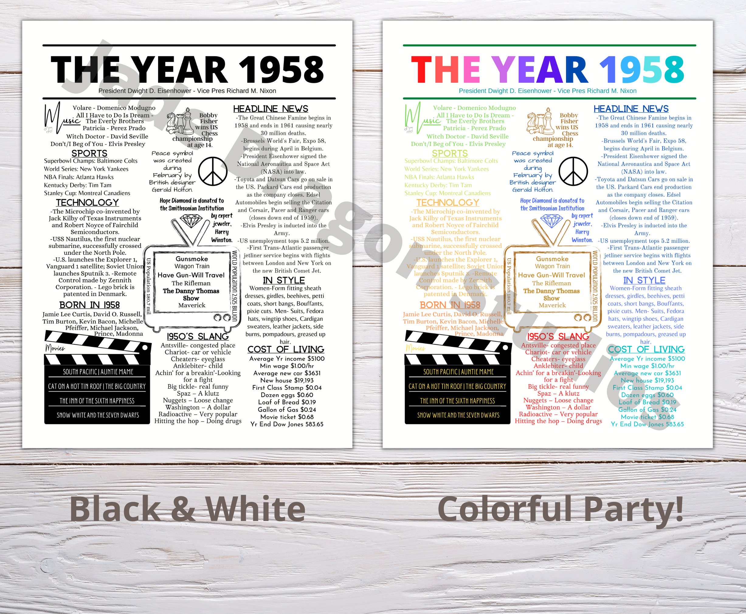 THE YEAR 1958 PRINTABLE 4set/year You Were Born/ Remember the Year When ...