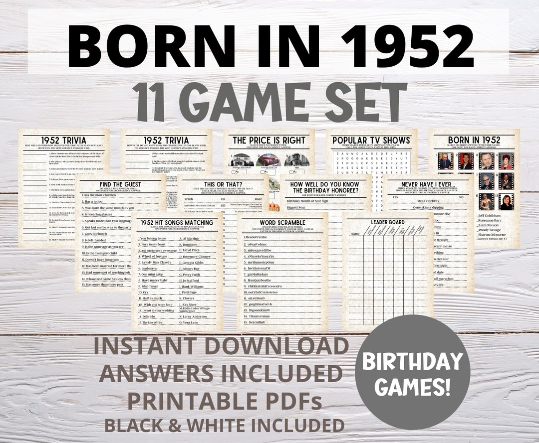 PRINTABLE Born in 1952/ 70th Birthday Party Games / 1952 Trivia Games ...