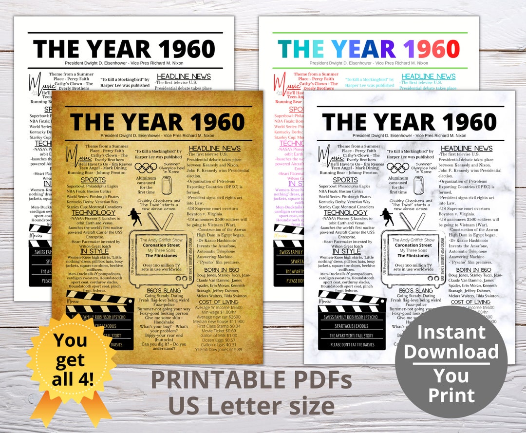 1960 PRINTABLE 4SET Year You Were Born/ Remember the Year When/ Last ...