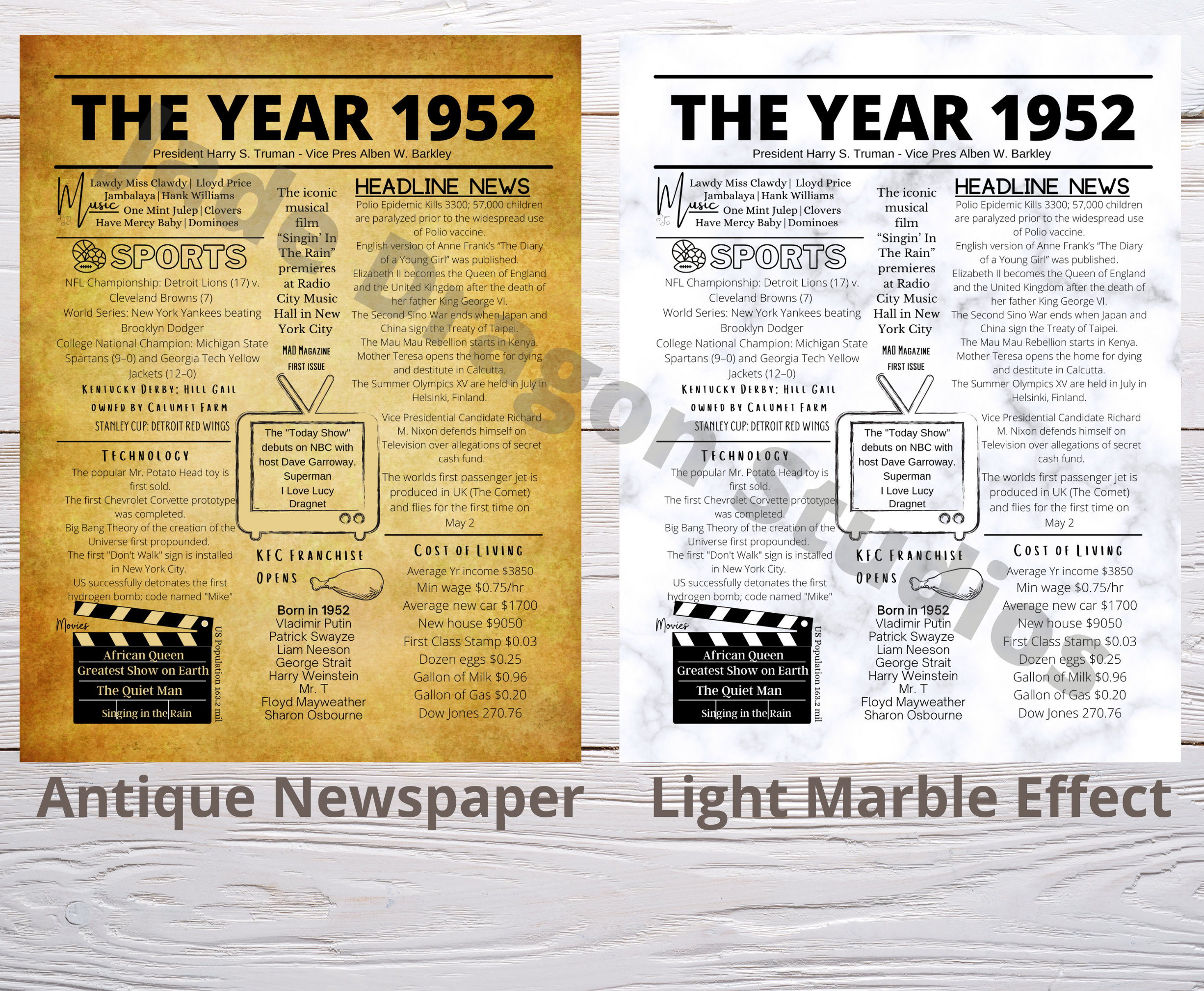 THE YEAR 1952 PRINTABLE 4set/year You Were Born/ Remember the Year When ...