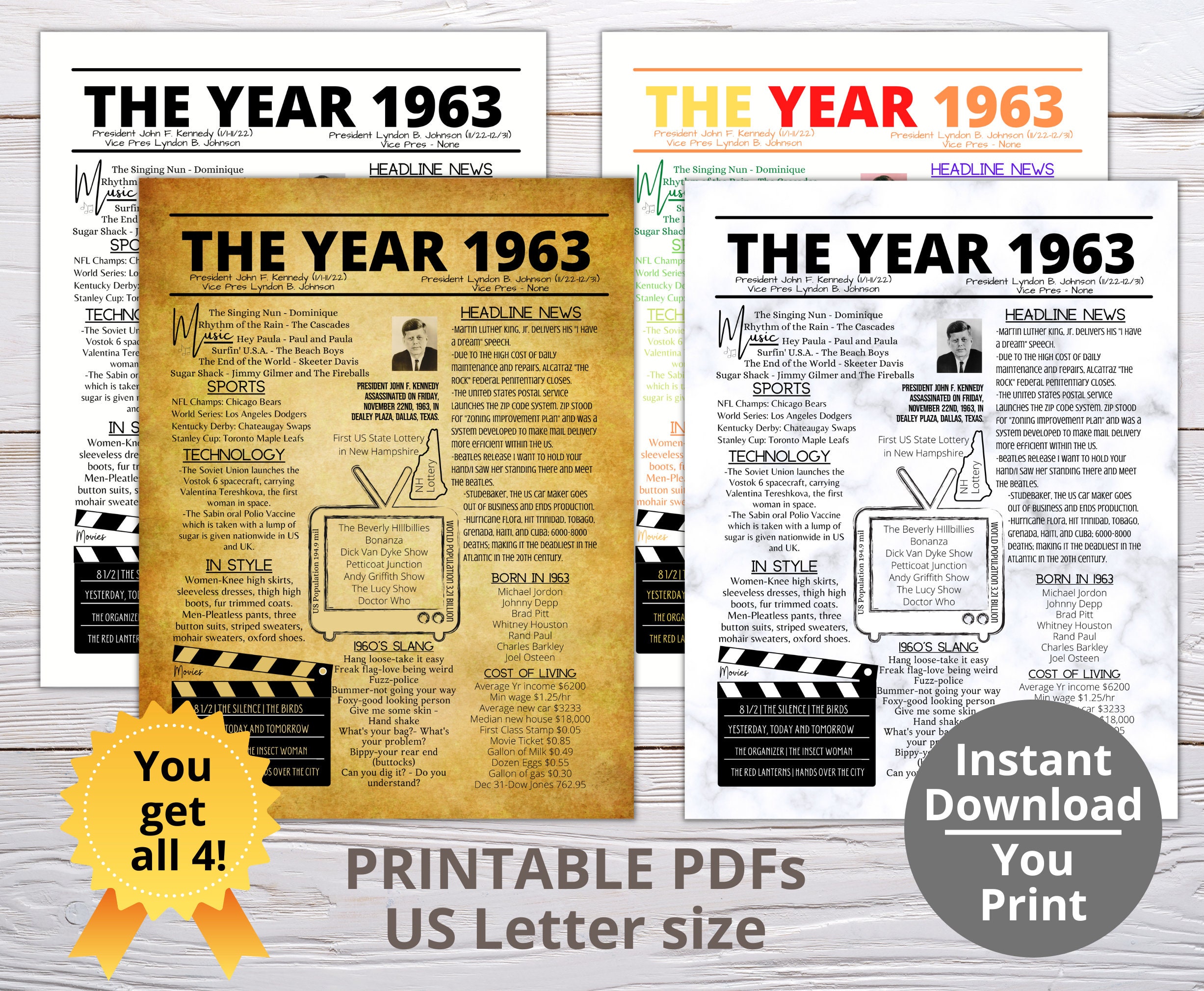 THE YEAR 1963 PRINTABLE 4set/year You Were Born/ Remember the Year When ...