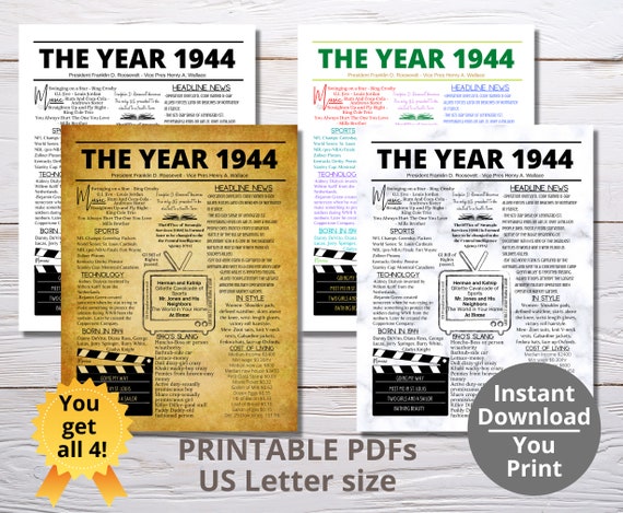 THE YEAR 1944 PRINTABLE 4set/year You Were Born/ Remember the - Etsy