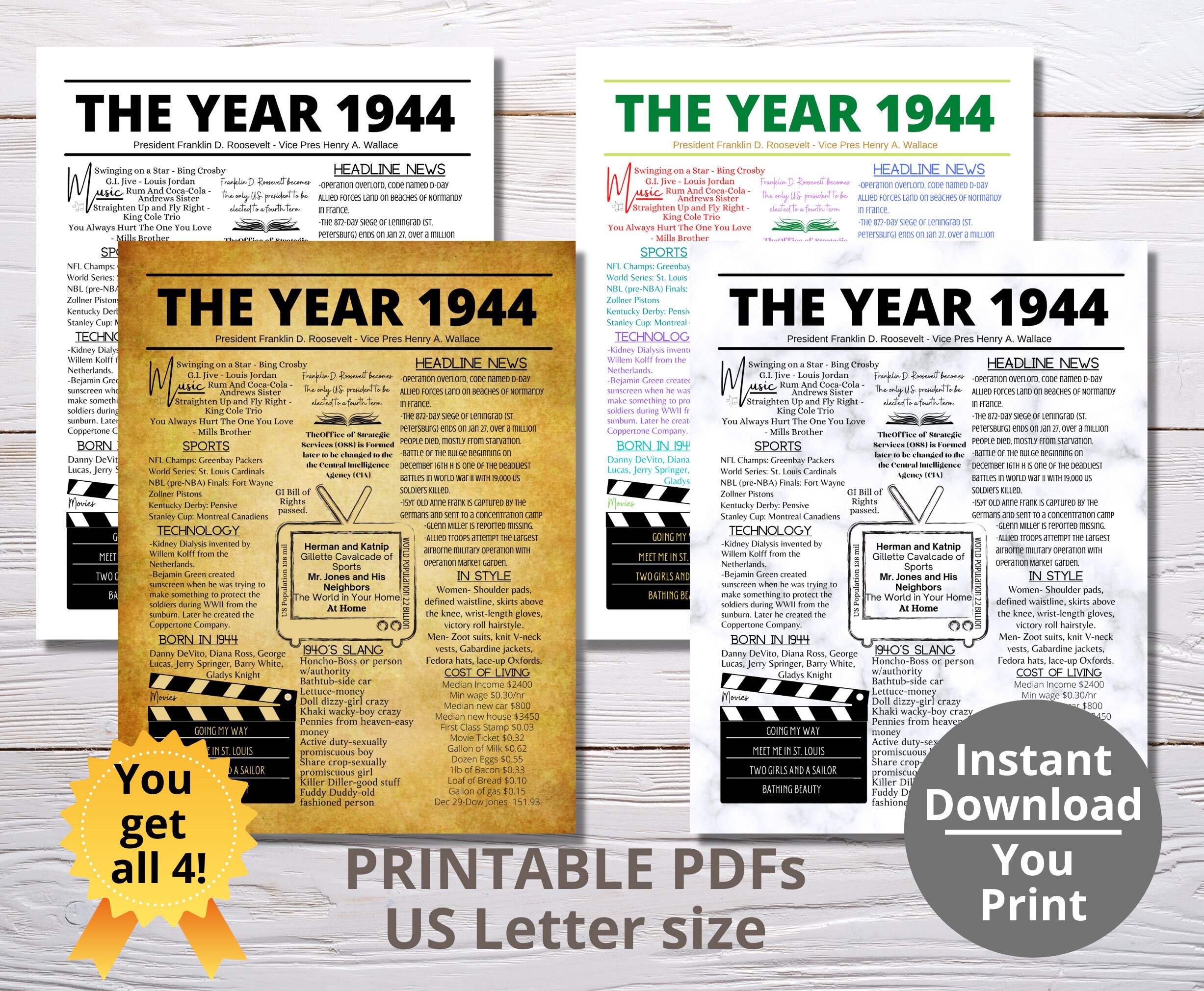 THE YEAR 1944 PRINTABLE 4set/year You Were Born/ Remember the Year When ...
