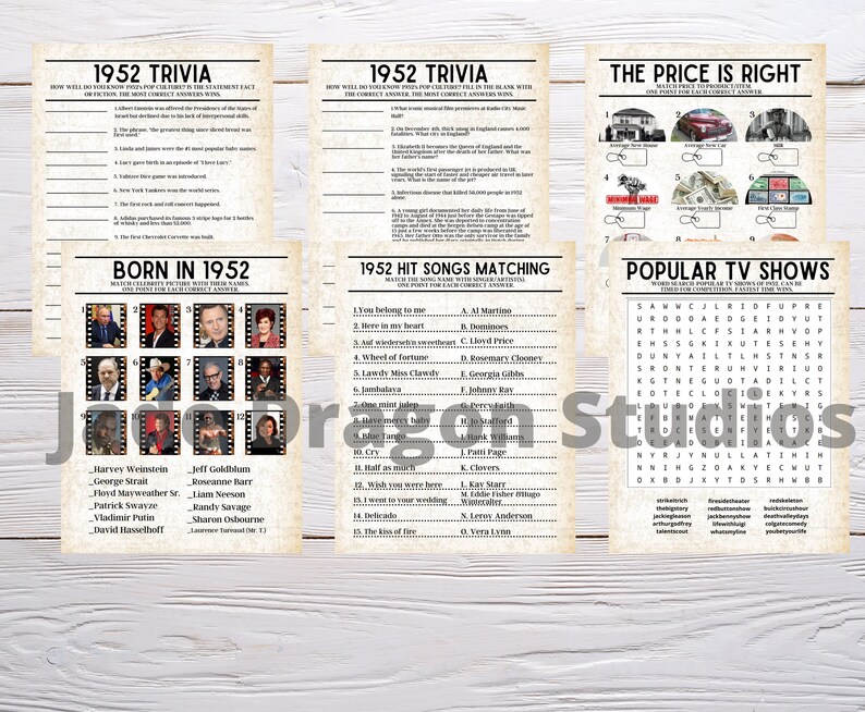 PRINTABLE Born in 1952/ 70th Birthday Party Games / 1952 Trivia Games ...
