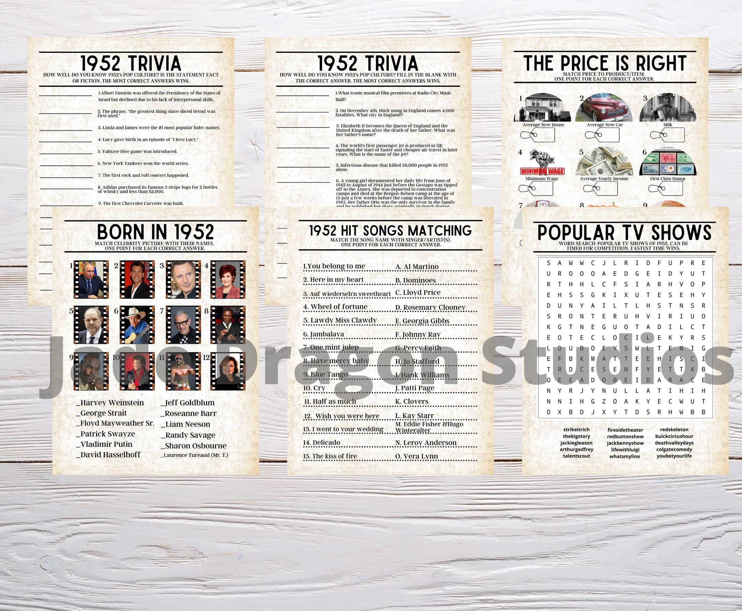 PRINTABLE Born in 1952/ 70th Birthday Party Games / 1952 Trivia Games ...