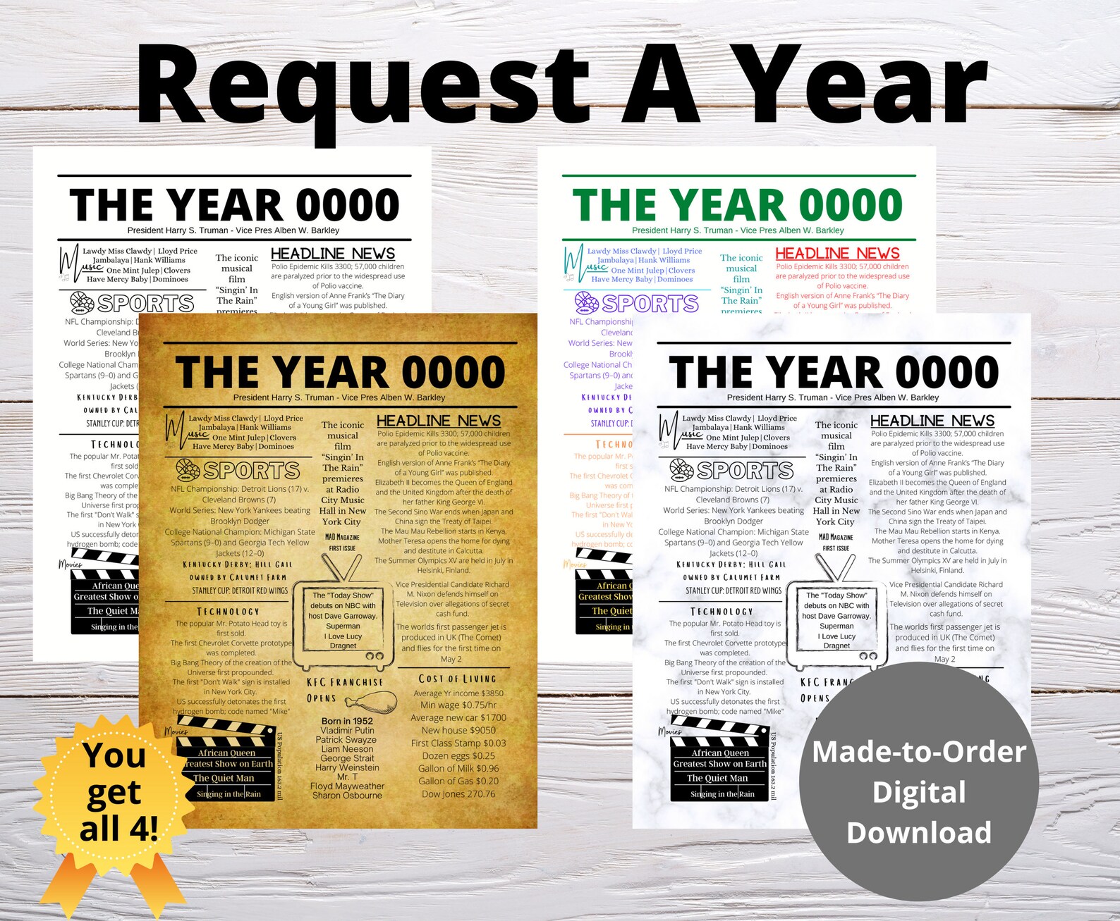 Request PRINTABLE the Year 0000 4SET/ Year You Were Born/ Remember When ...