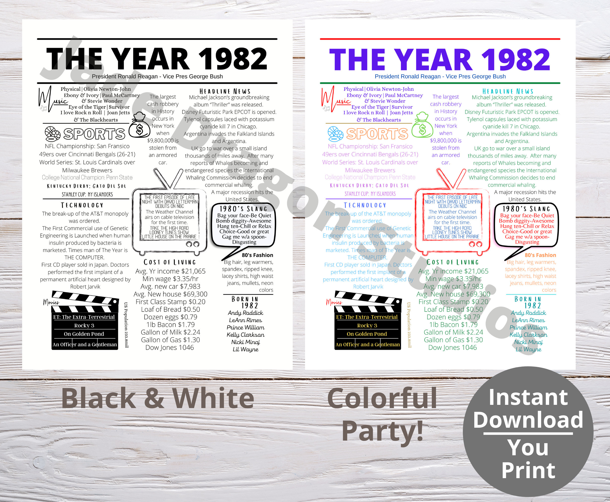 THE YEAR 1982 PRINTABLE 4set/year You Were Born/ Remember the Year When ...
