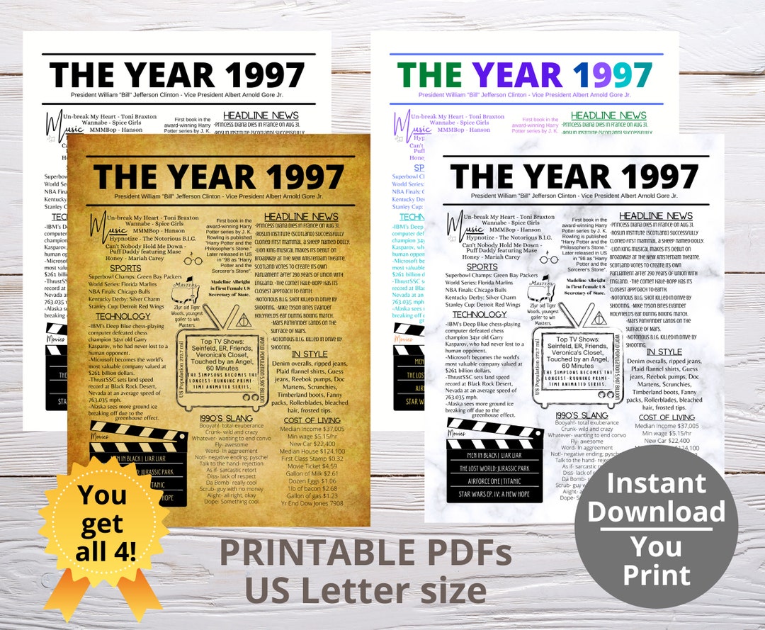 THE YEAR 1997 PRINTABLE 4set/year You Were Born/ Remember the Year When ...