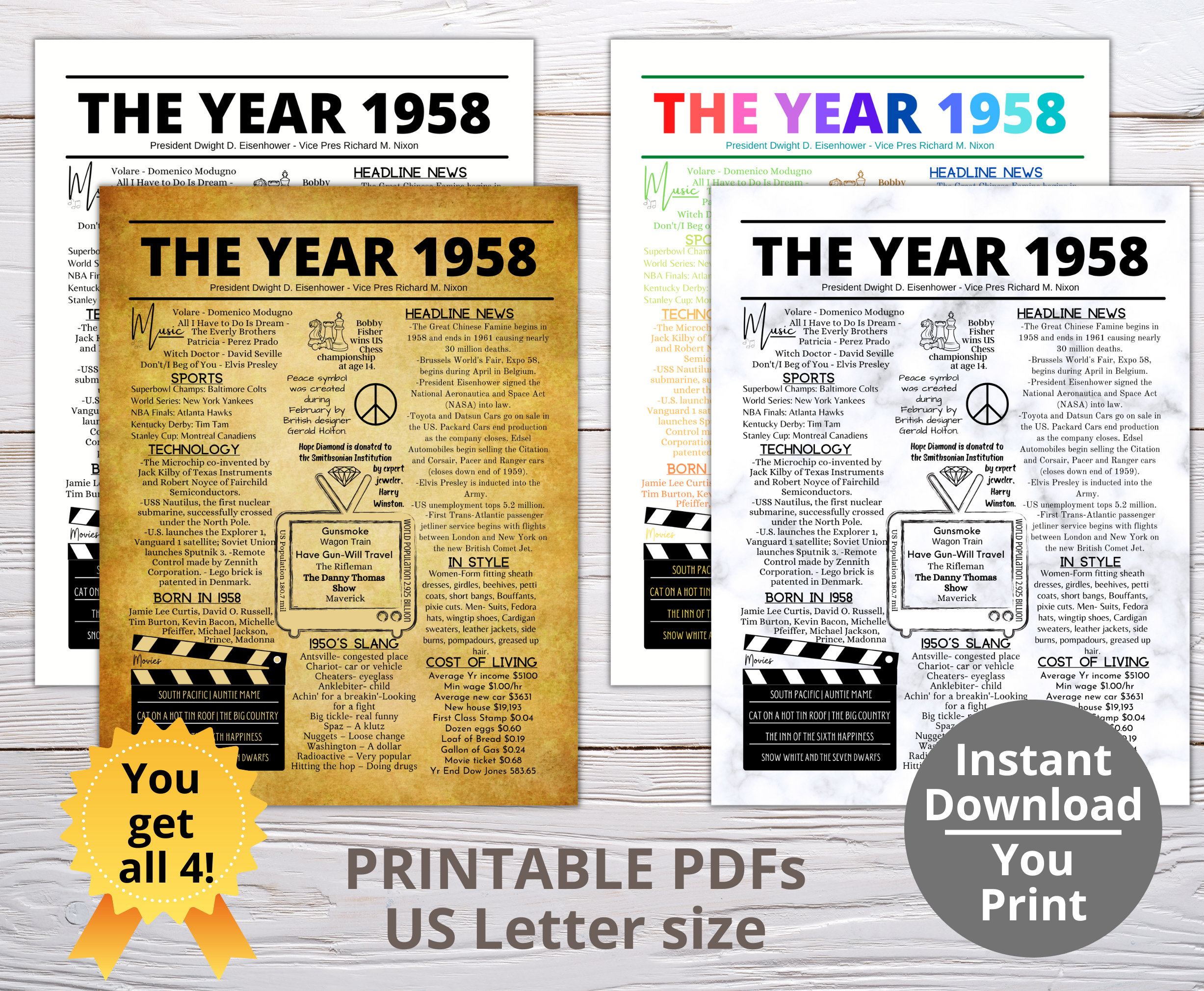 THE YEAR 1958 PRINTABLE 4set/year You Were Born/ Remember the Year When ...