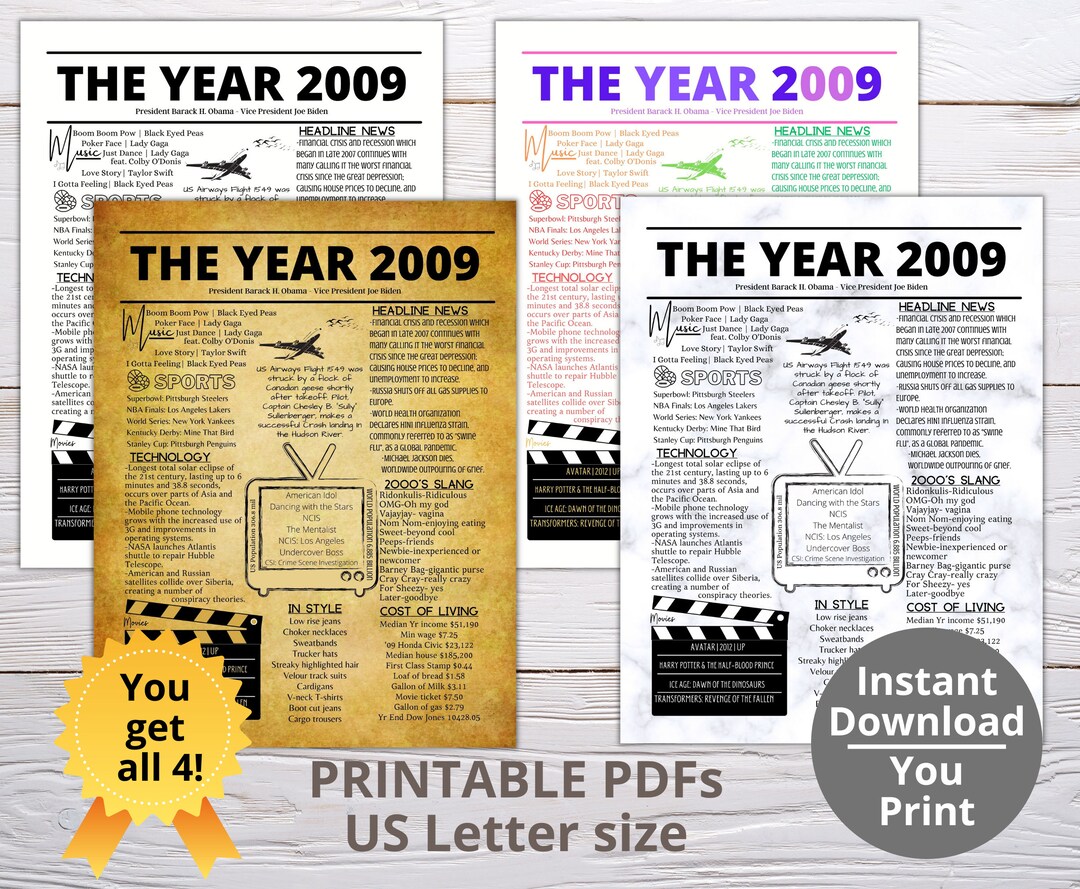 2009 PRINTABLE 4SET Year You Were Born/ Remember the Year When/ Last ...
