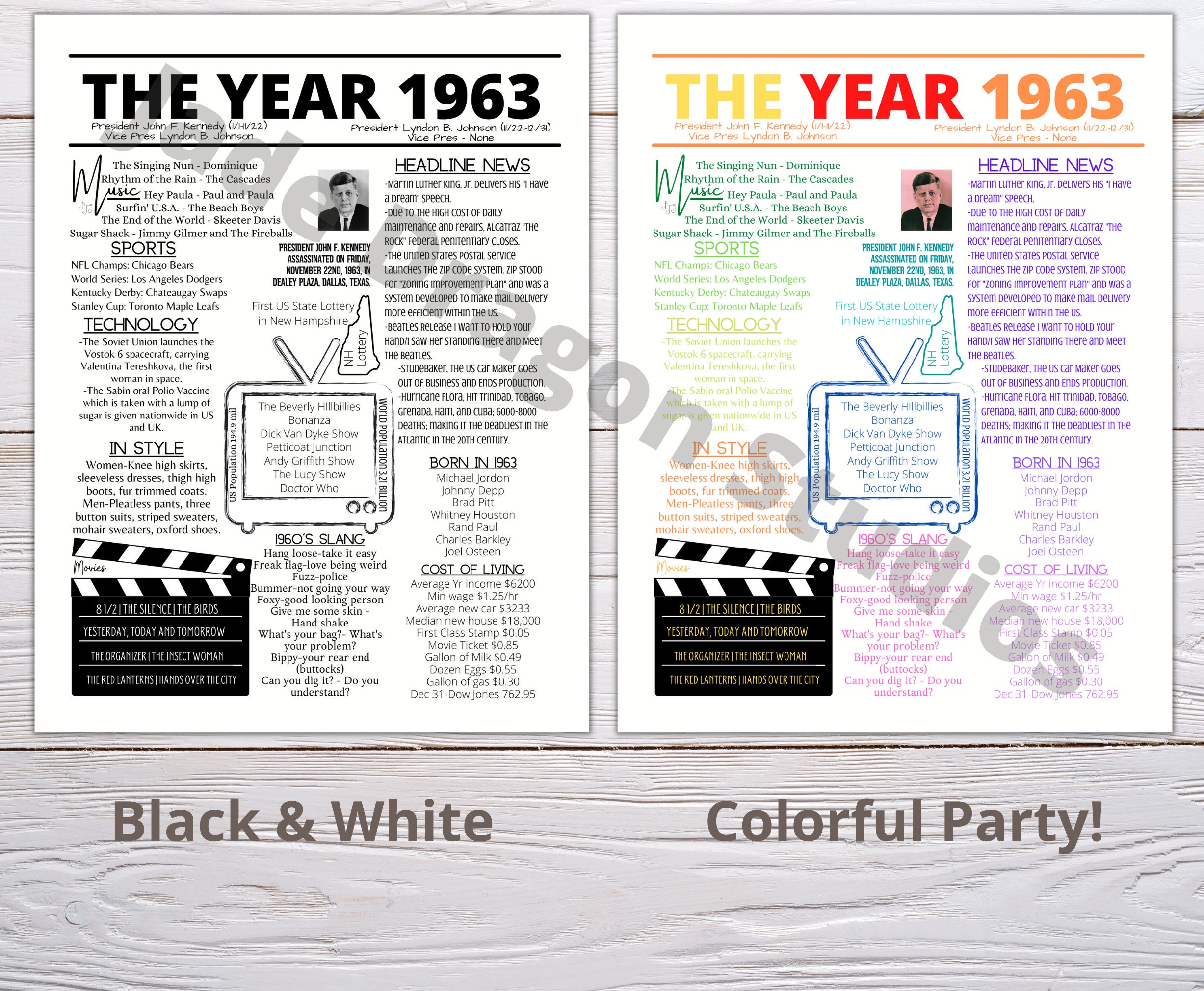 THE YEAR 1963 PRINTABLE 4set/year You Were Born/ Remember the Year When ...