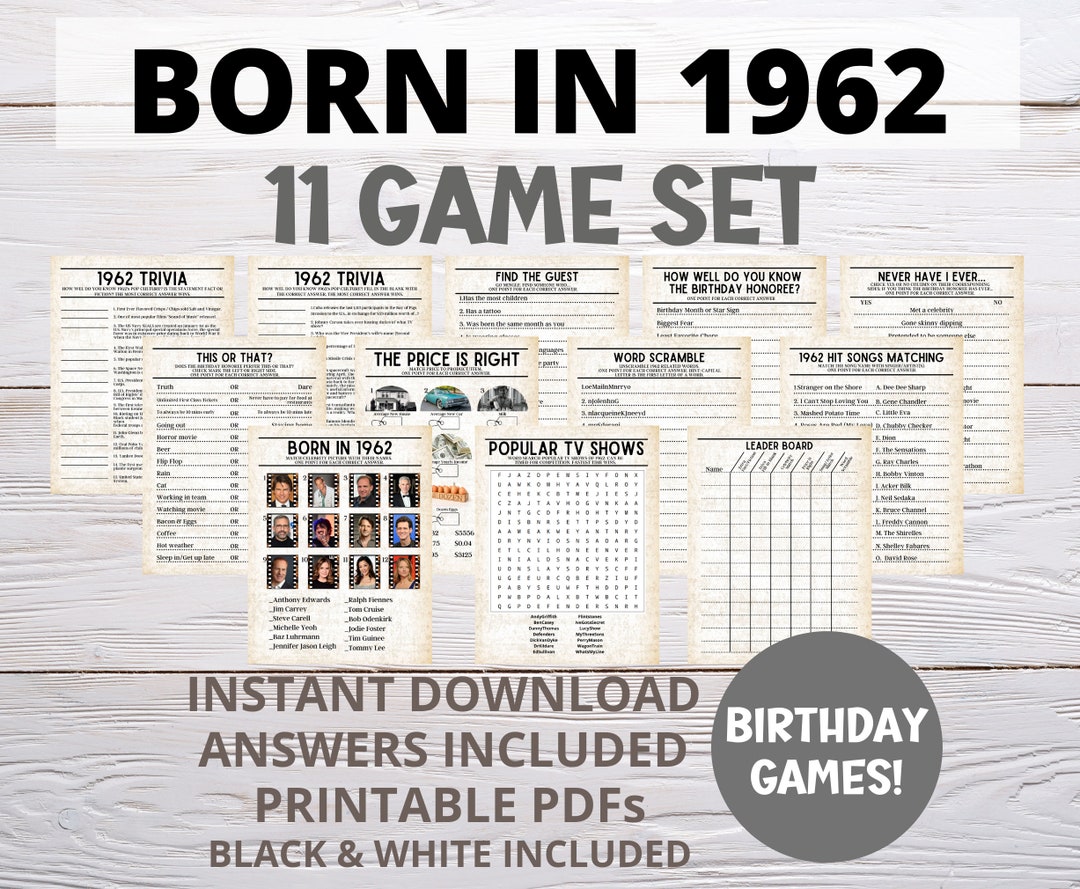 PRINTABLE Born in 1962 Games Bundle, 60th Birthday Party Games, 1962 ...
