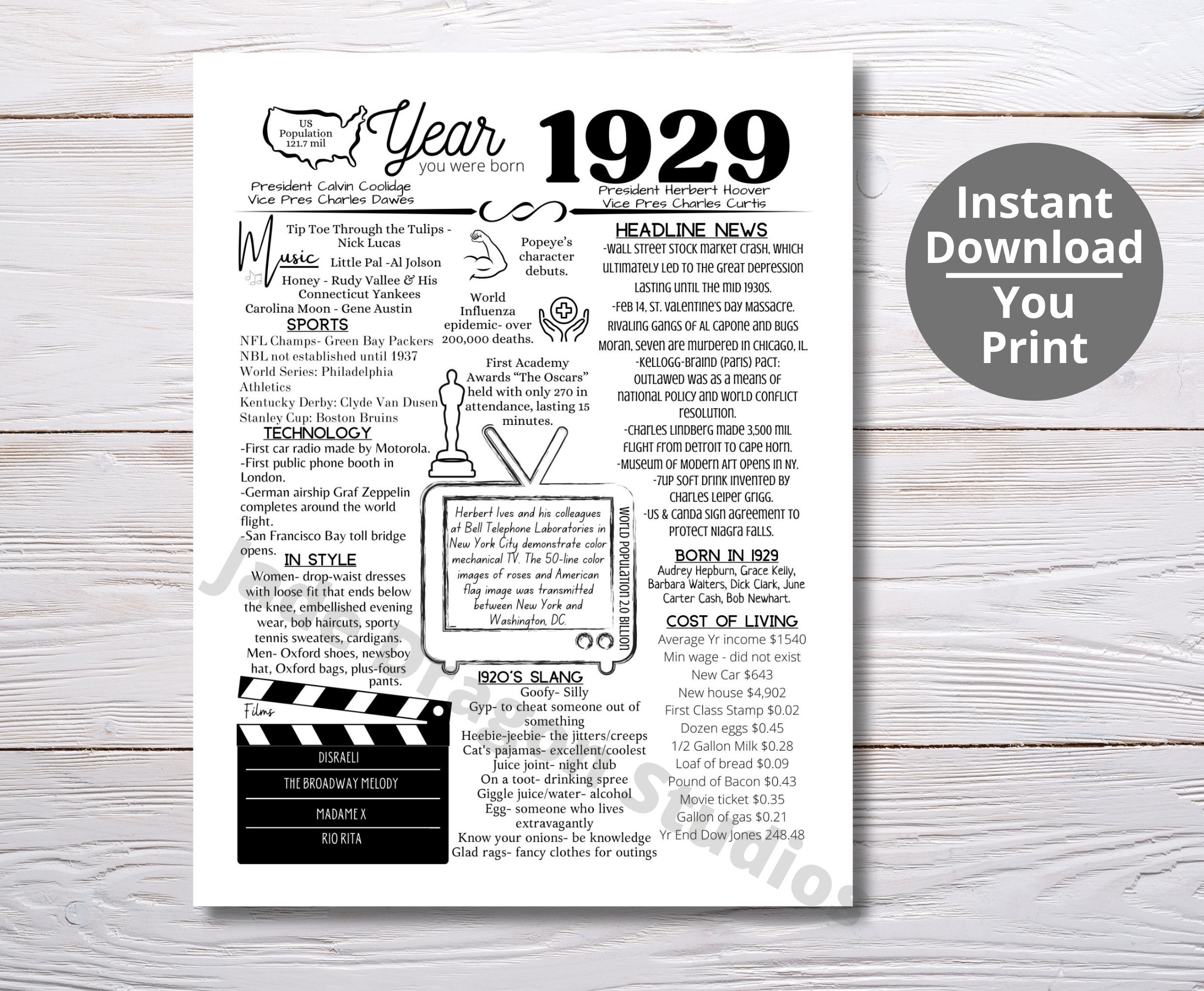 1929 PRINTABLE Year You Were Born/ Remember the Year When/ Last Minute ...