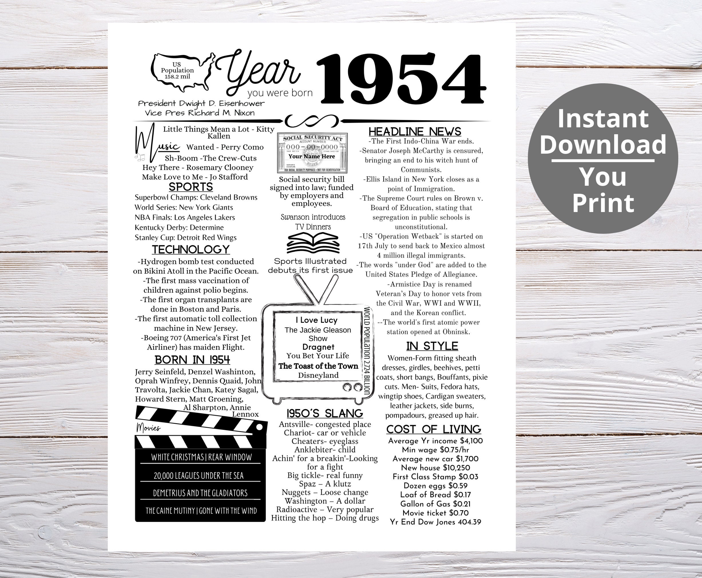 1954 PRINTABLE Year You Were Born/ Remember the Year When/ Last Minute ...