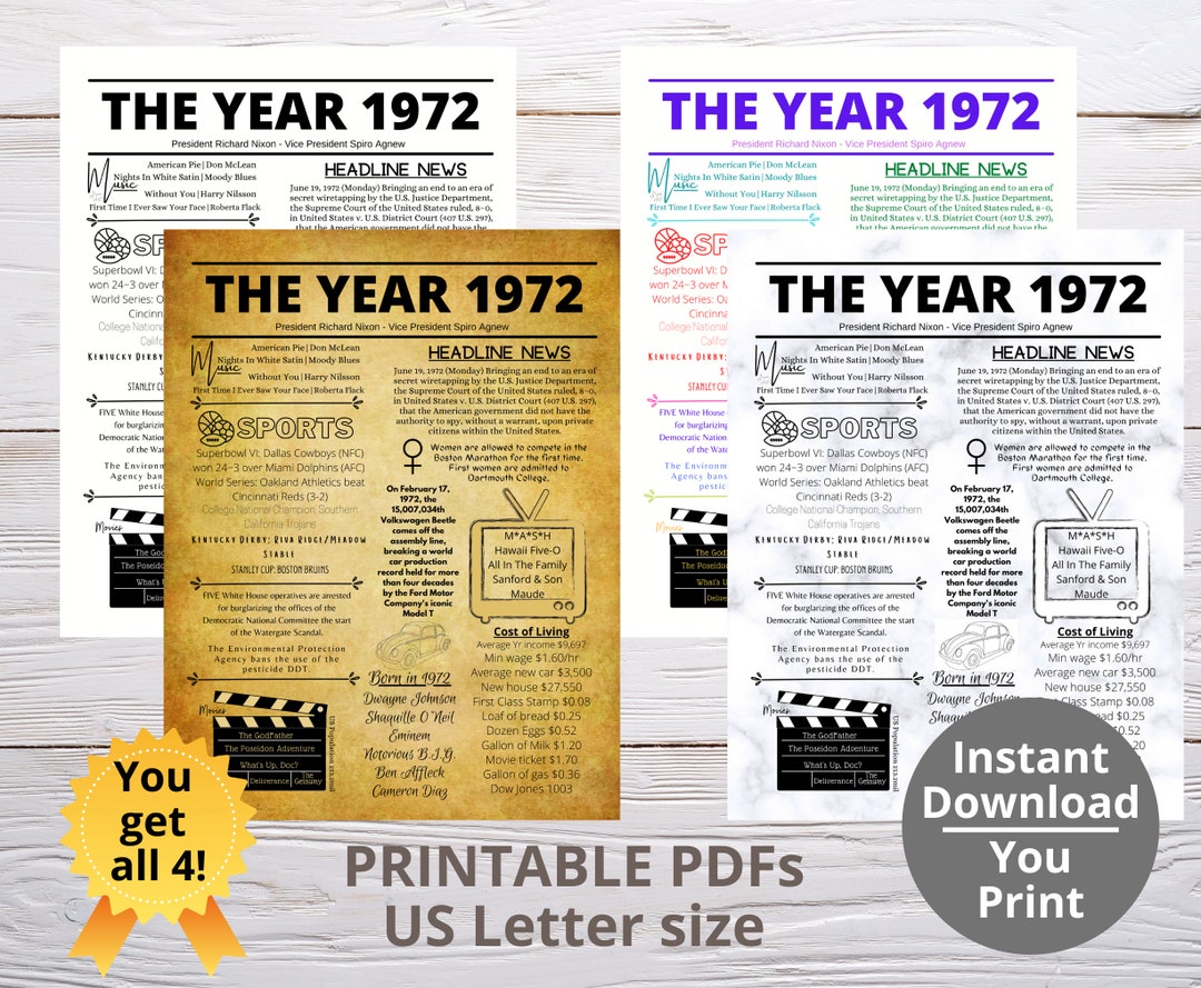 THE YEAR 1972 PRINTABLE 4set/year You Were Born/ Remember the Year When ...