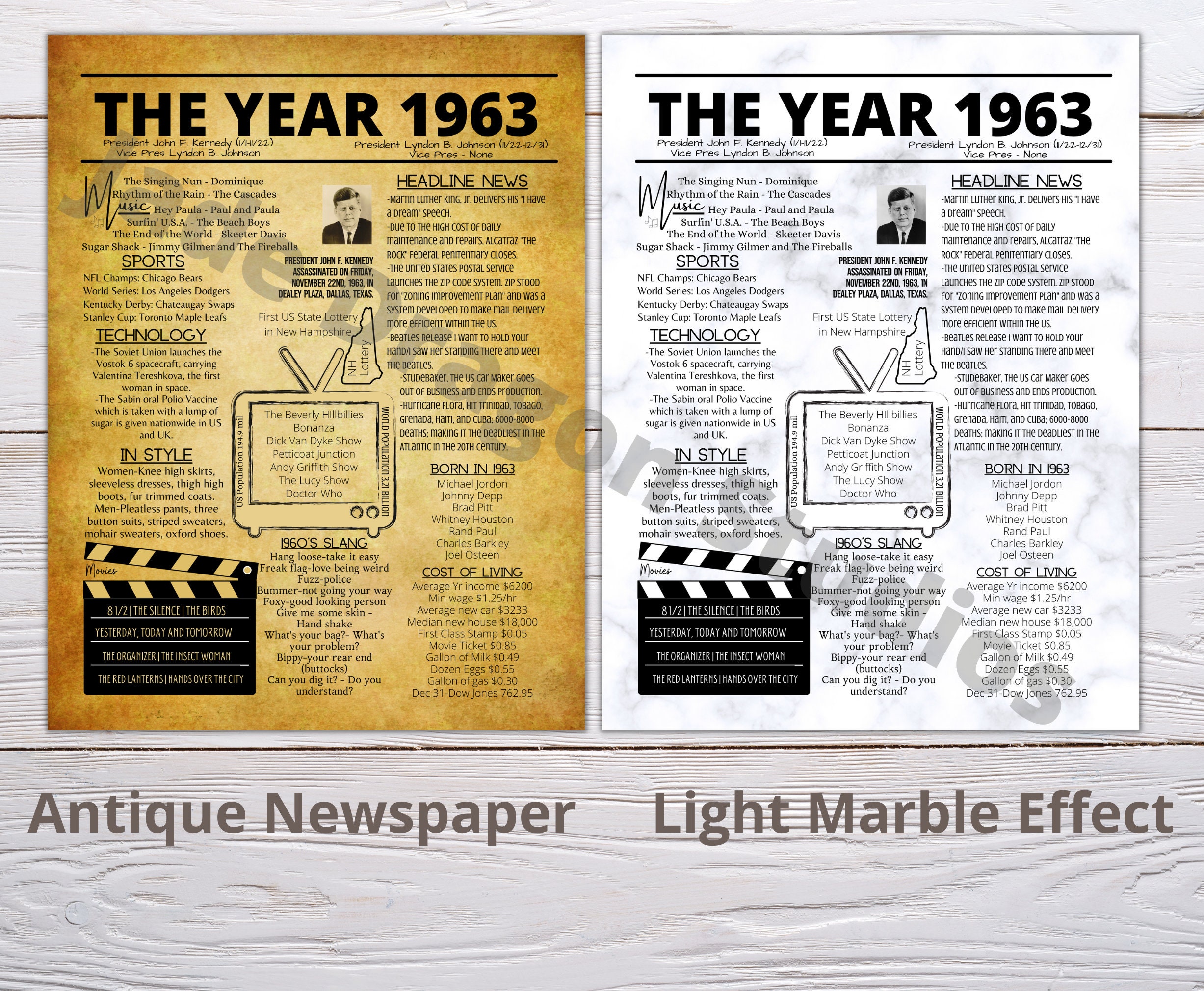 THE YEAR 1963 PRINTABLE 4set/year You Were Born/ Remember the Year When ...