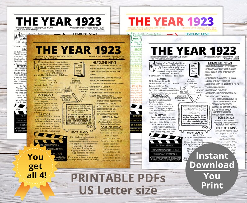 THE YEAR 1923 PRINTABLE 4set/year You Were Born/ Remember the Year When ...