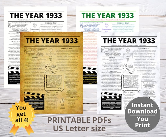 THE YEAR 1933 PRINTABLE 4set/year You Were Born/ Remember the - Etsy