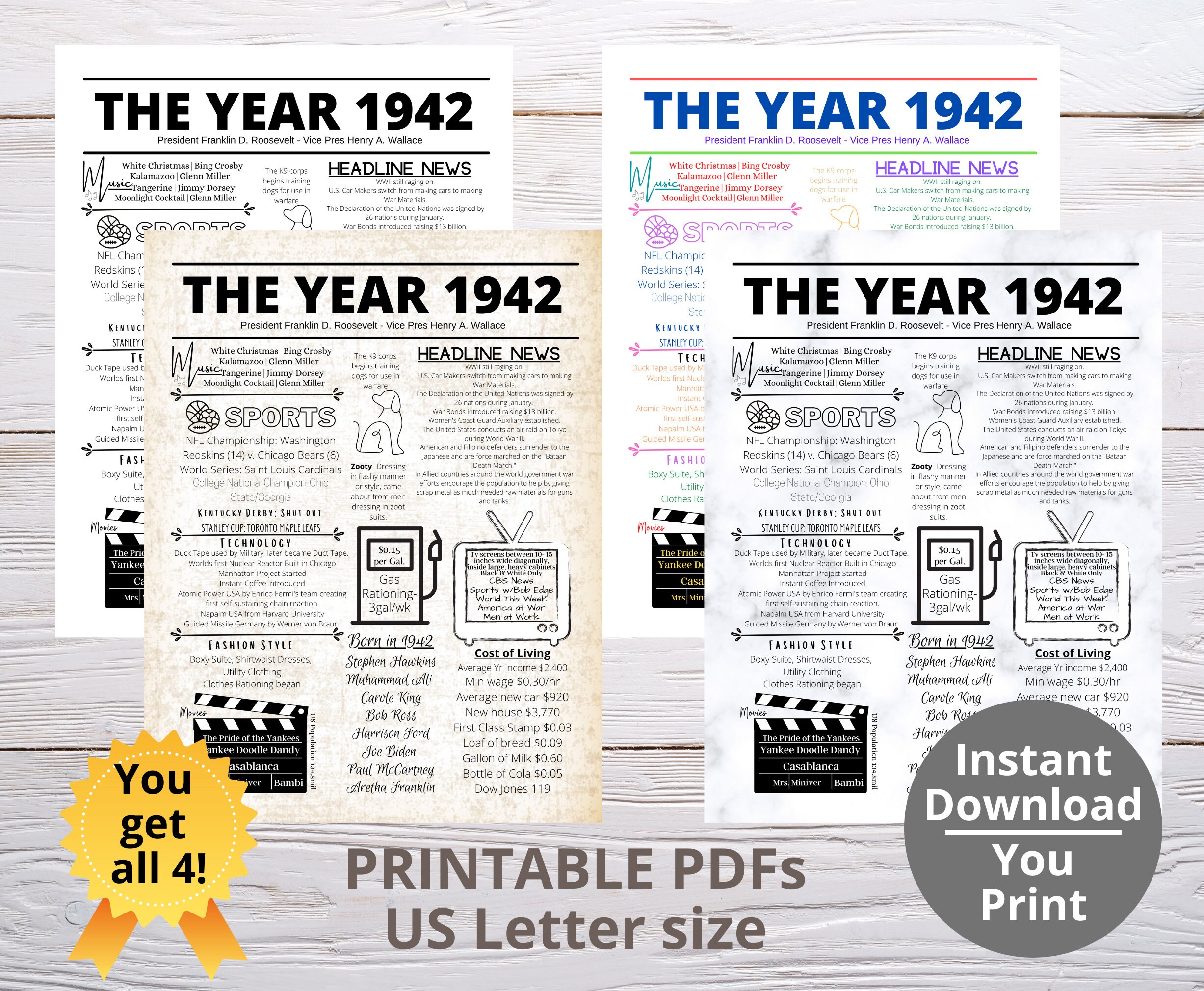 THE YEAR 1942 PRINTABLE 4set/year You Were Born/ Remember the Year When ...
