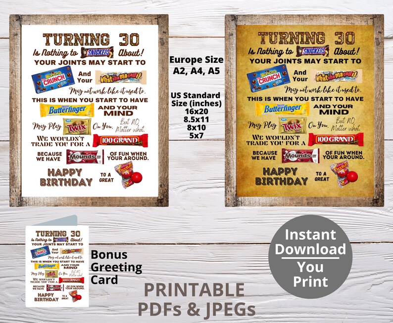 Turning 30 PRINTABLE Candy Poster 30th Birthday Candy Sign - Etsy