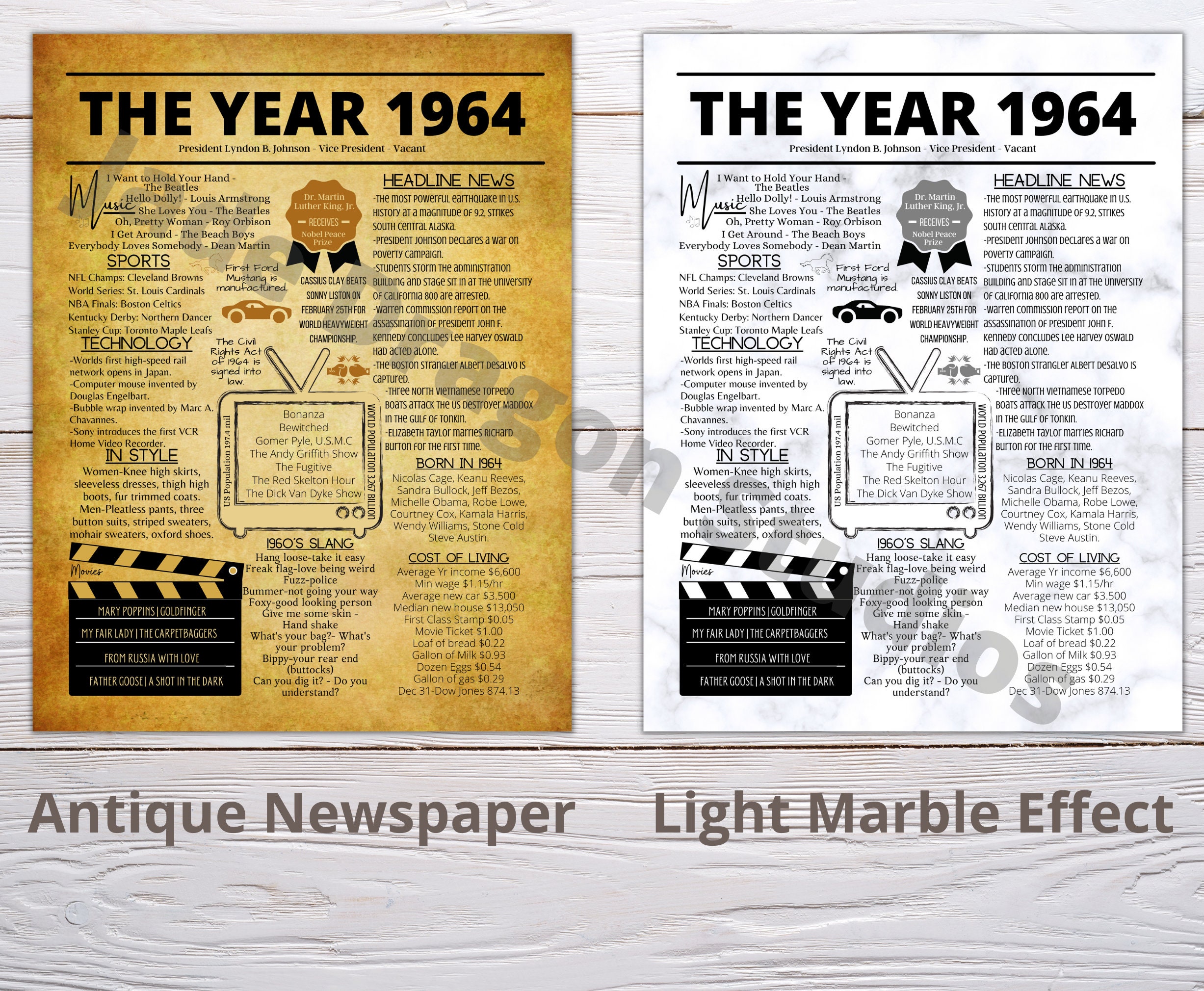 THE YEAR 1964 PRINTABLE 4set/year You Were Born/ Remember the Year When ...