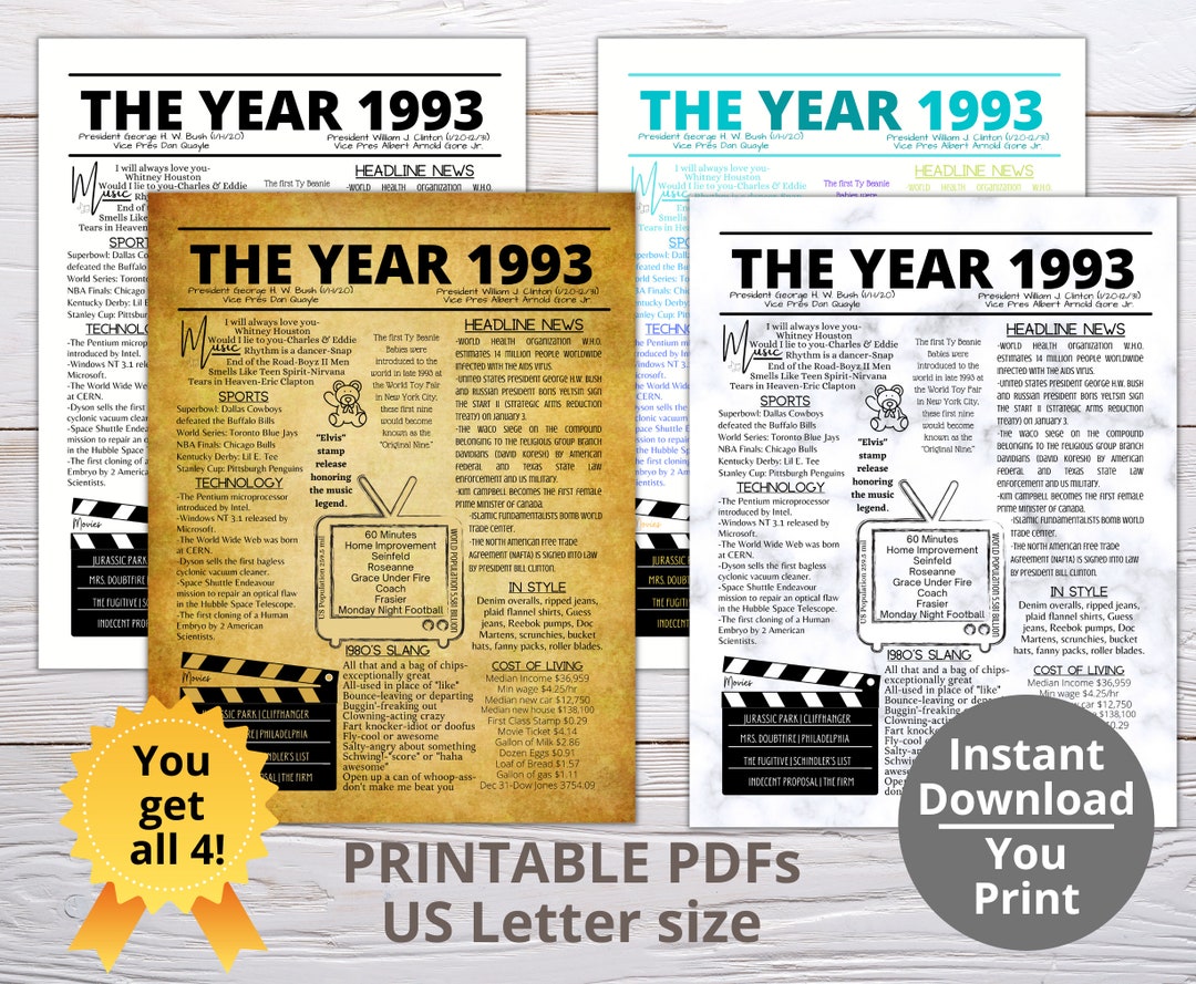 THE YEAR 1993 PRINTABLE 4set/year You Were Born/ Remember the Year When ...