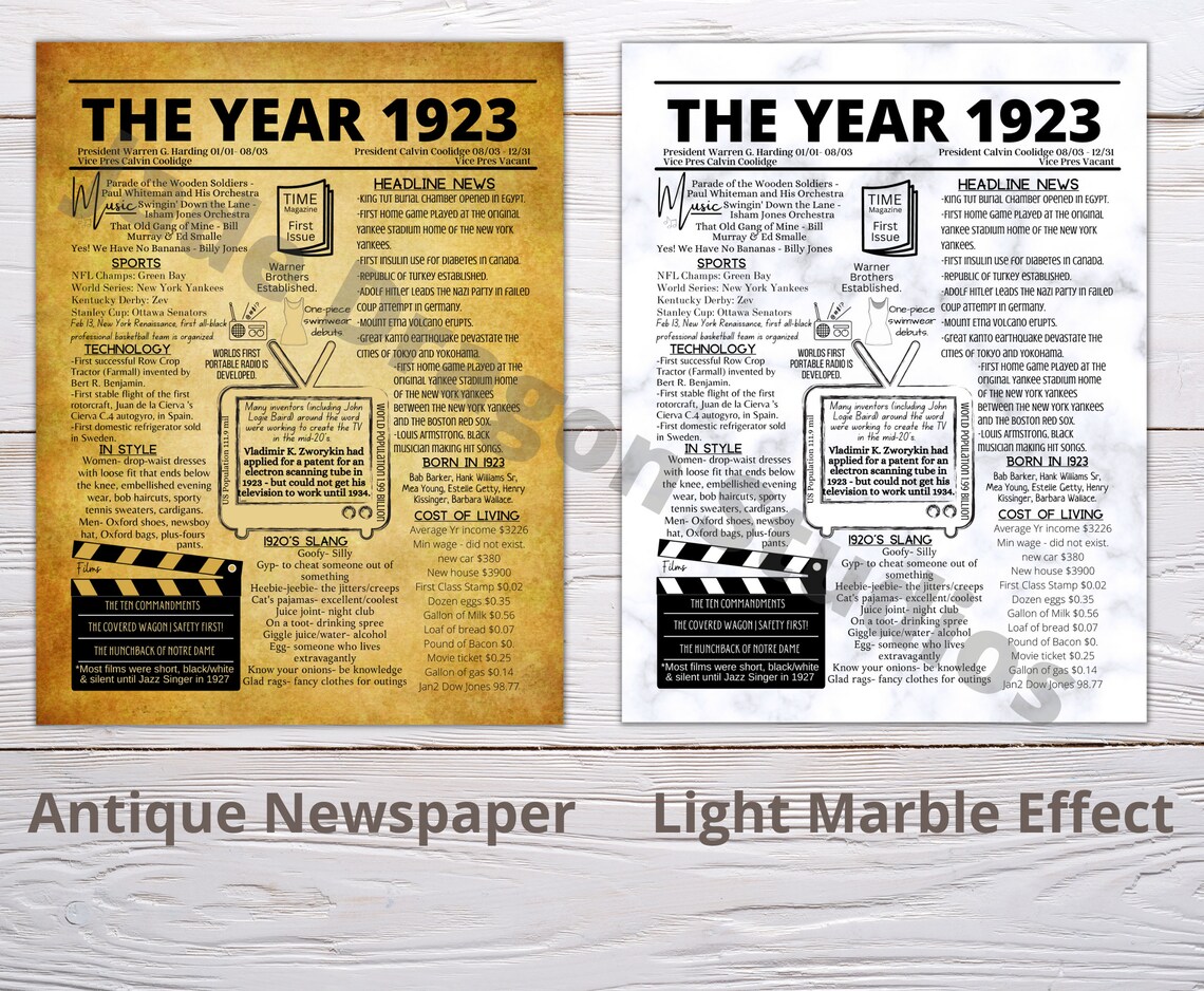 THE YEAR 1923 PRINTABLE 4set/year You Were Born/ Remember the Year When ...