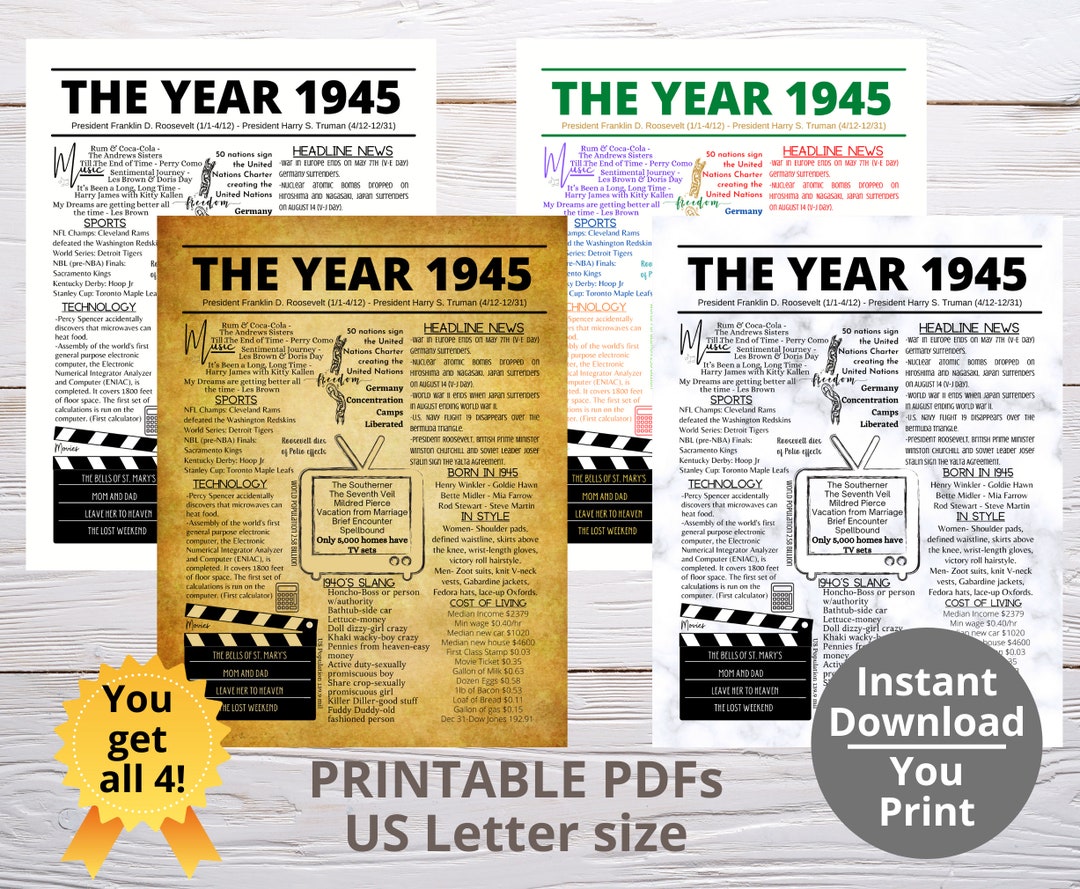 THE YEAR 1945 PRINTABLE 4set/year You Were Born/ Remember the Year When ...