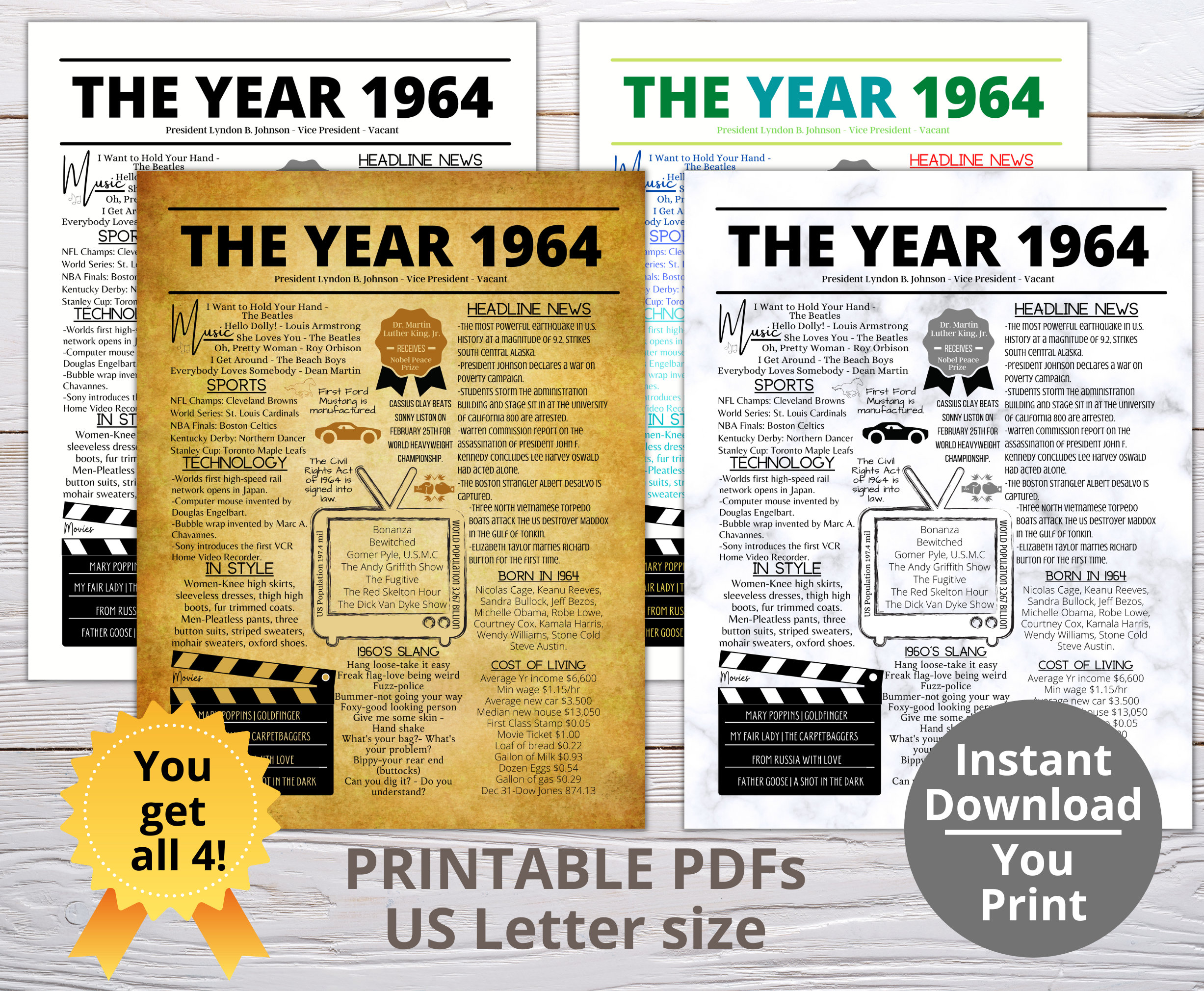 THE YEAR 1964 PRINTABLE 4set/year You Were Born/ Remember the Year When ...