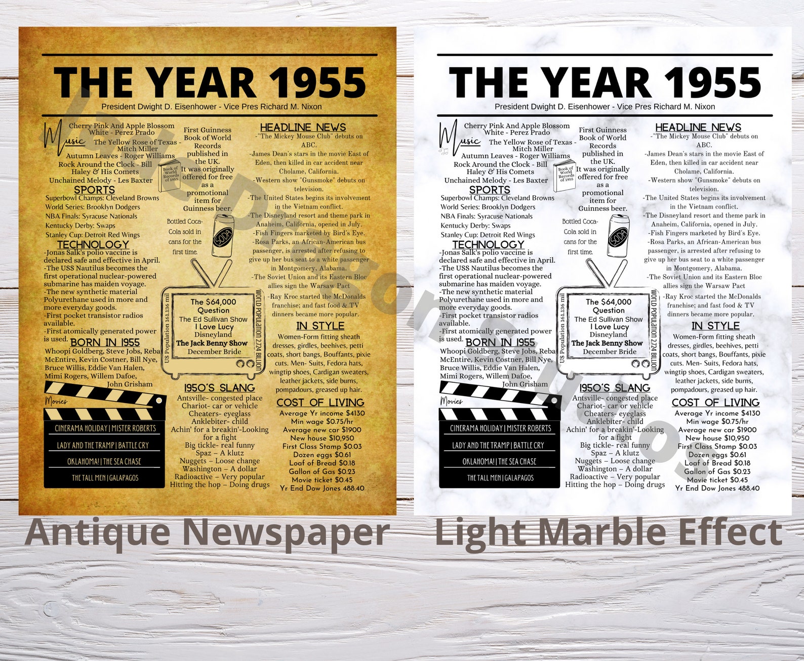 THE YEAR 1955 PRINTABLE 4set/year You Were Born/ Remember the Year When ...