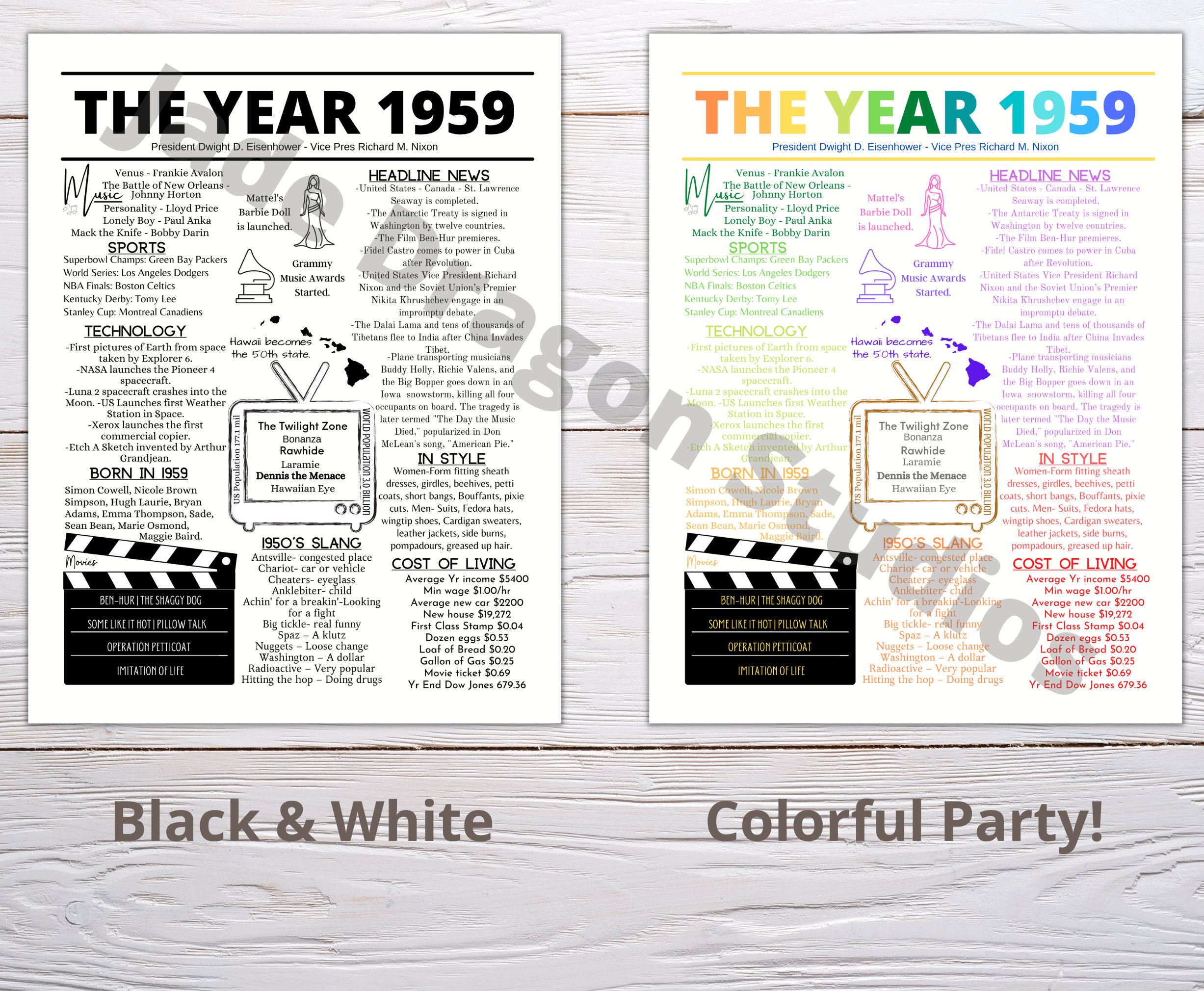 THE YEAR 1959 PRINTABLE 4set/year You Were Born/ Remember the Year When ...