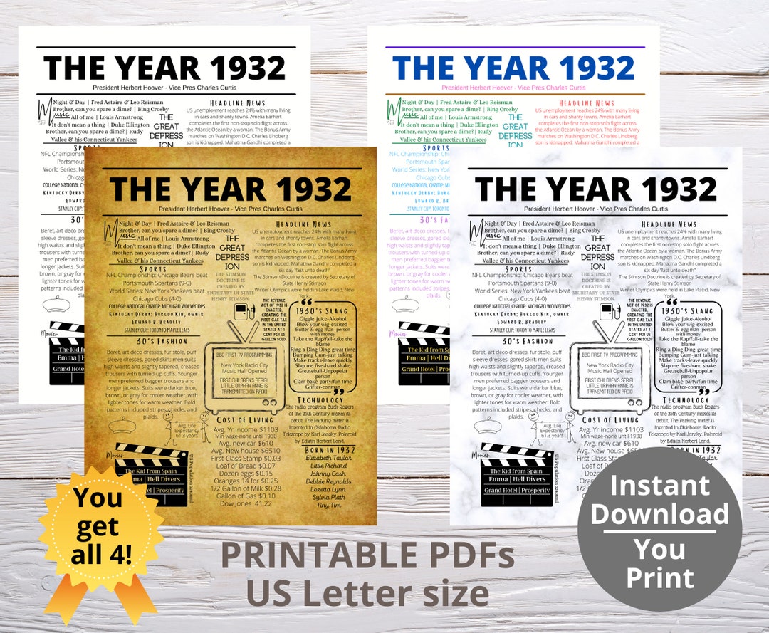 THE YEAR 1932 PRINTABLE 4set/year You Were Born/ Remember the Year When ...