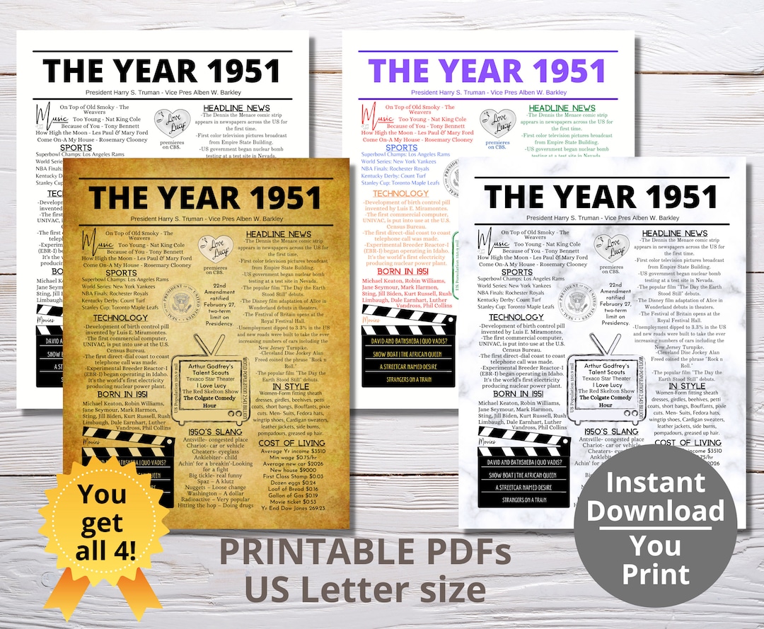 THE YEAR 1951 PRINTABLE 4set/year You Were Born/ Remember the Year When ...