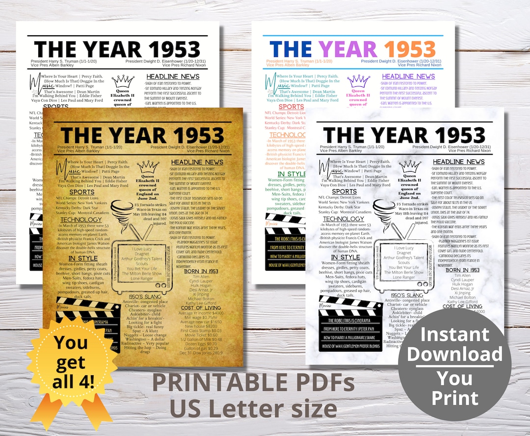 THE YEAR 1953 PRINTABLE 4set/year You Were Born/ Remember the Year When ...
