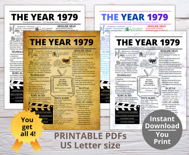 THE YEAR 1979 PRINTABLE 4set/year You Were Born/ Remember the Year When ...