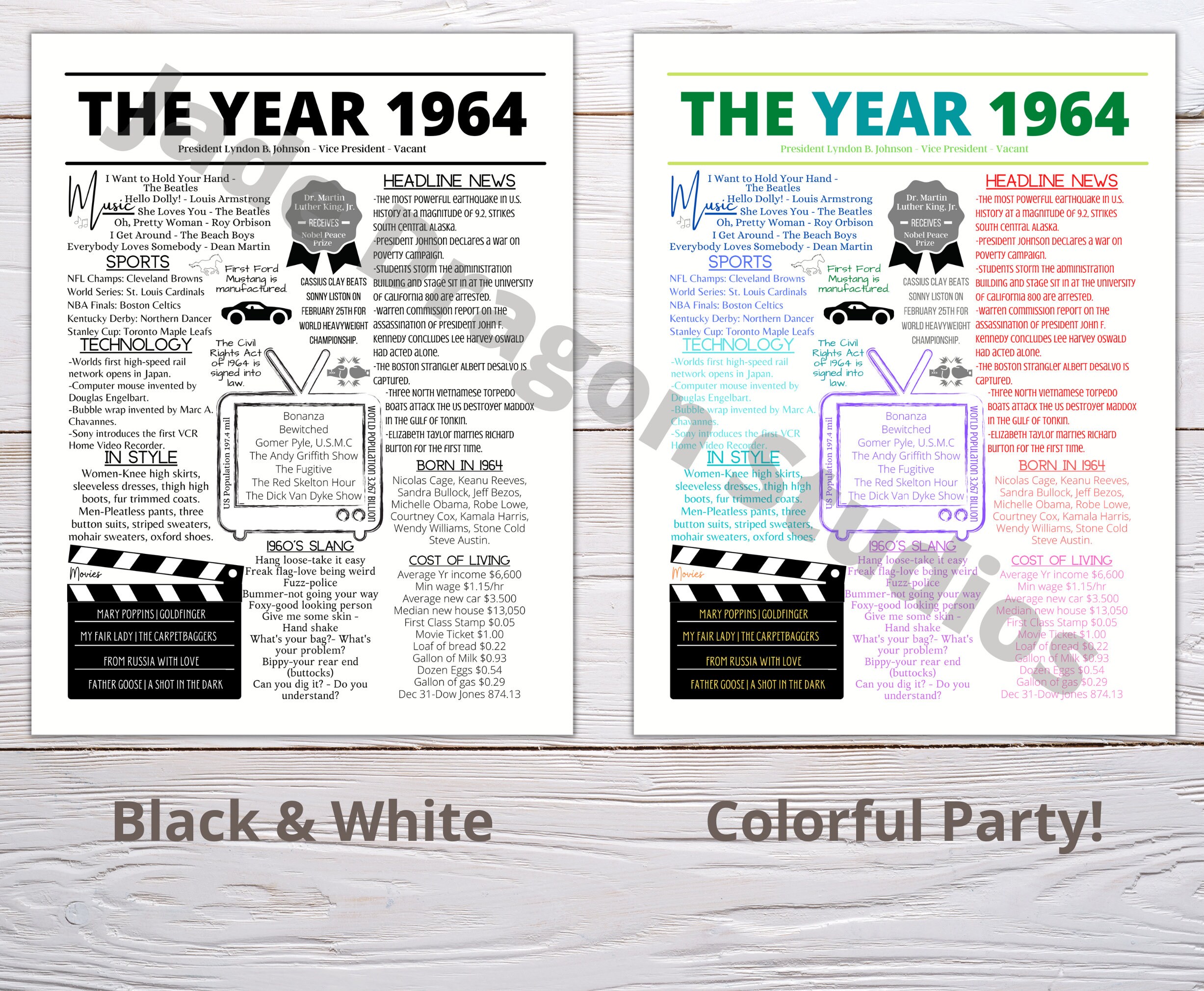 THE YEAR 1964 PRINTABLE 4set/year You Were Born/ Remember the Year When ...