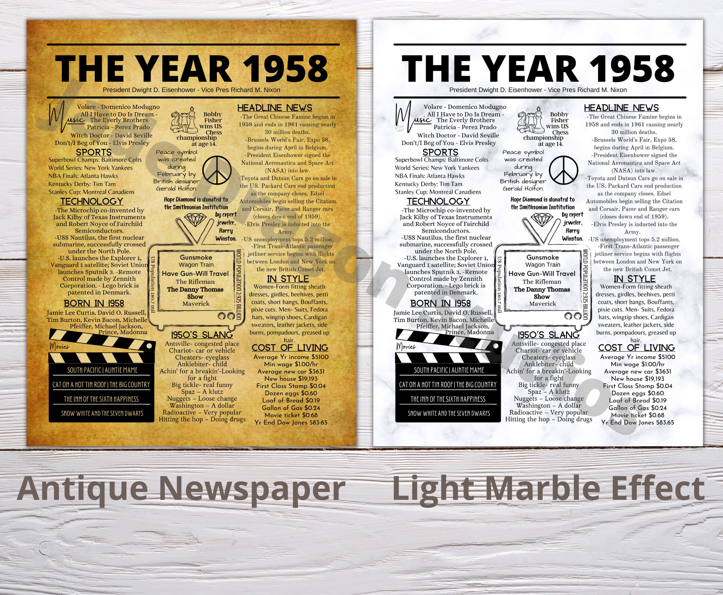 THE YEAR 1958 PRINTABLE 4set/year You Were Born/ Remember the Year When ...