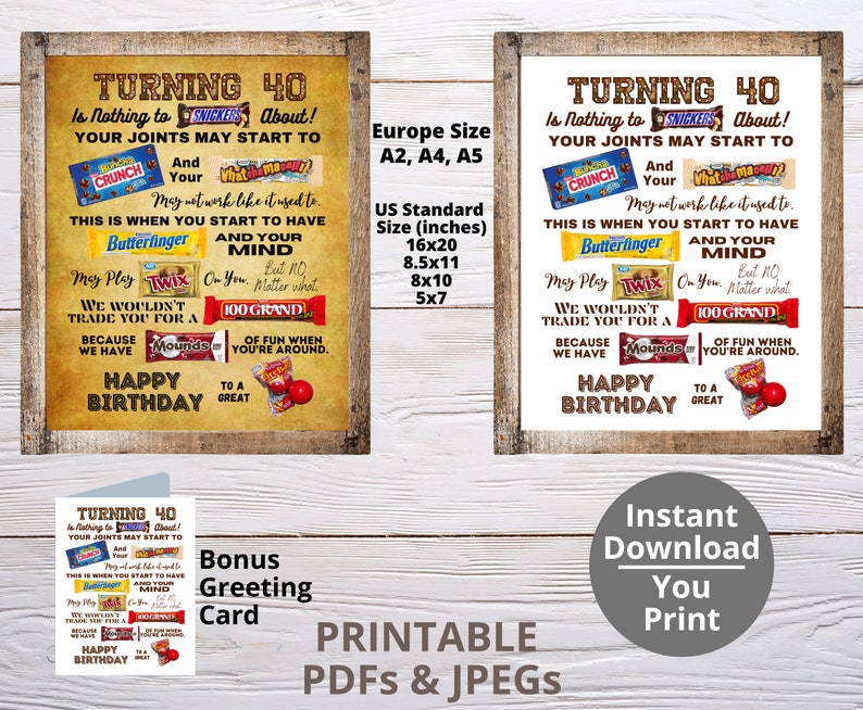 Turning 40 PRINTABLE Candy Poster | 40th Birthday Candy Sign | Birthday ...